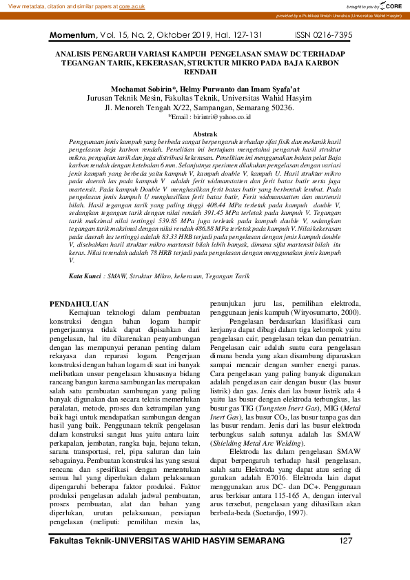 (PDF) Analisis Pengaruh Variasi Kampuh Pengelasan Smaw DC Terhadap Tegangan Tarik, Kekerasan ...