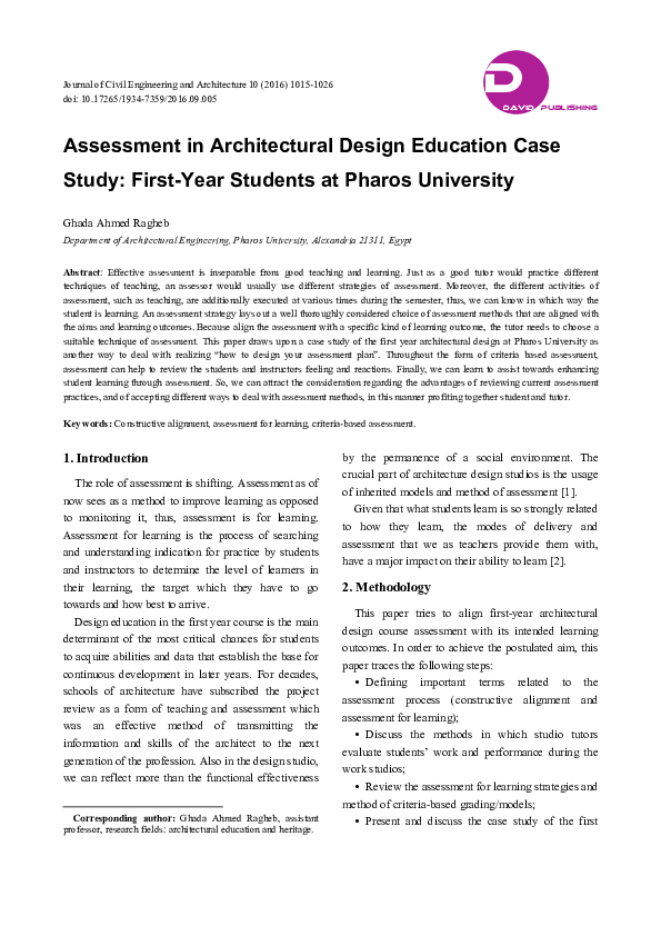 (PDF) Assessment in Architectural Design Education Case Study: First ...