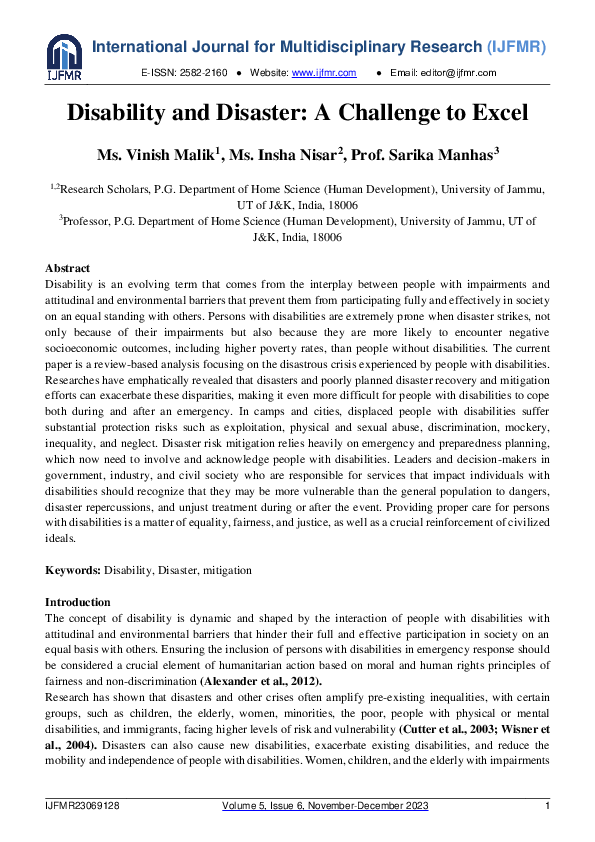(PDF) Disability and Disaster: A Challenge to Excel