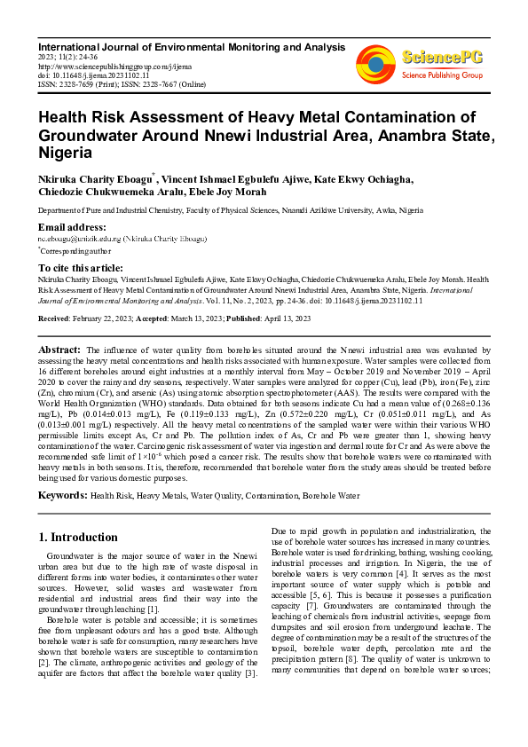(PDF) Health Risk Assessment of Heavy Metal Contamination of ...