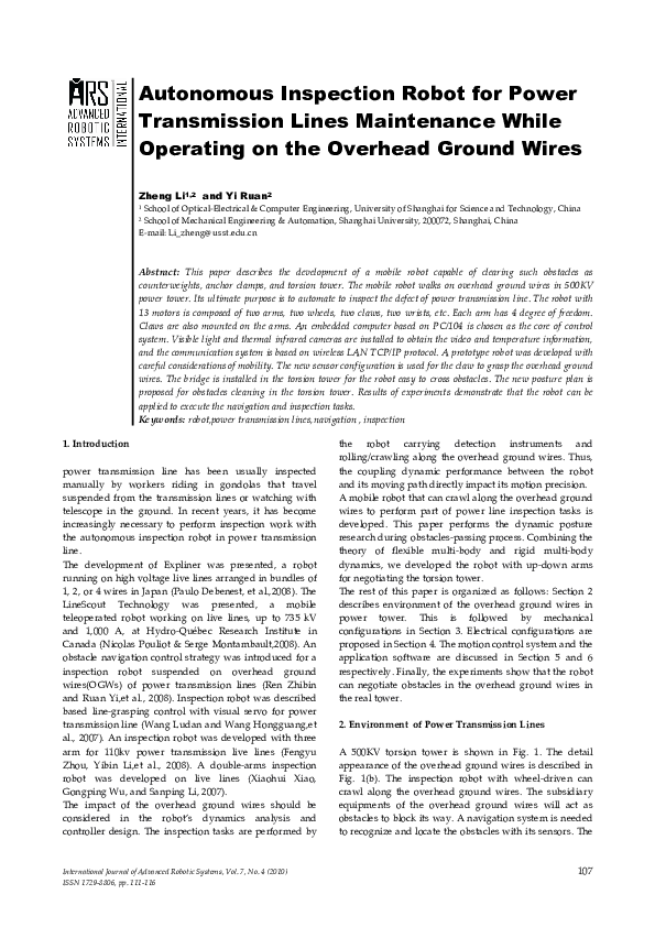 (PDF) Autonomous Inspection Robot for Power Transmission Lines ...