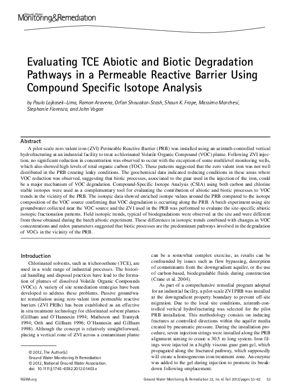 (PDF) TCE Degradation in PRBs: Insights from Compound-Specific Isotope Analysis