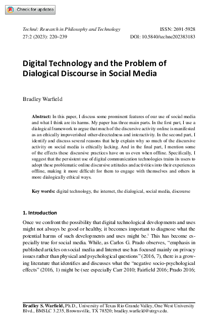 (PDF) "Digital Technology and the Problem of Dialogical Discourse in ...