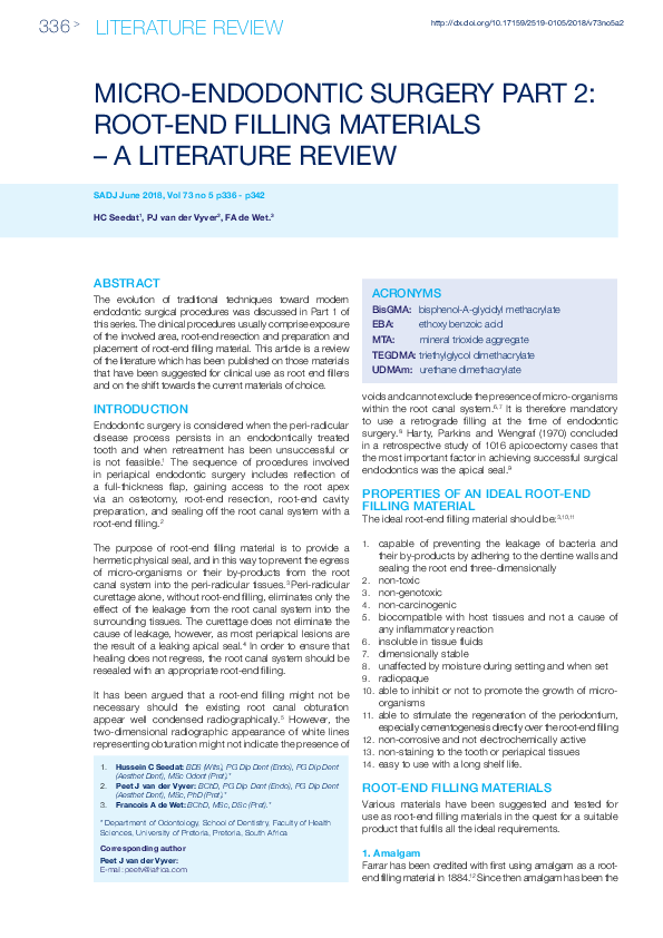 (PDF) Micro-endodontic surgery Part 2: root-end filling materials - A literature review