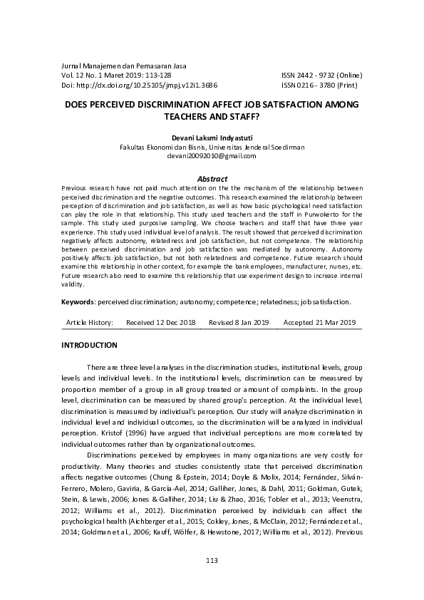 (PDF) Does Perceived Discrimination Affect Job Satisfaction Among Teachers and Staff?