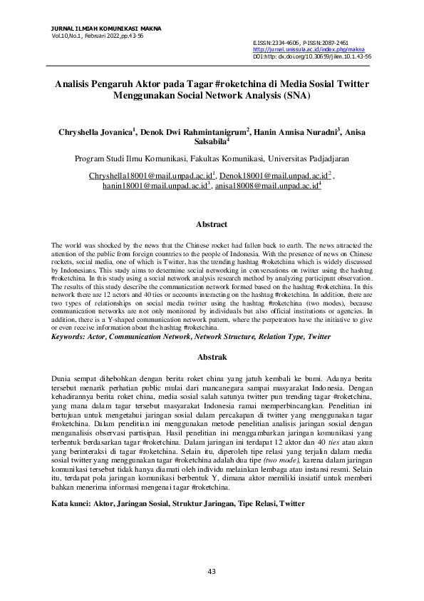 (PDF) Analisis Pengaruh Aktor Pada Tagar #Roketchina DI Media Sosial Twitter Menggunakan Social ...