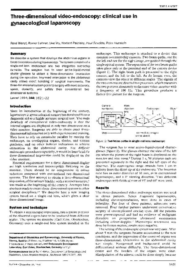 (PDF) Three-dimensional video-endoscopy: clinical use in gynaecological laparoscopy