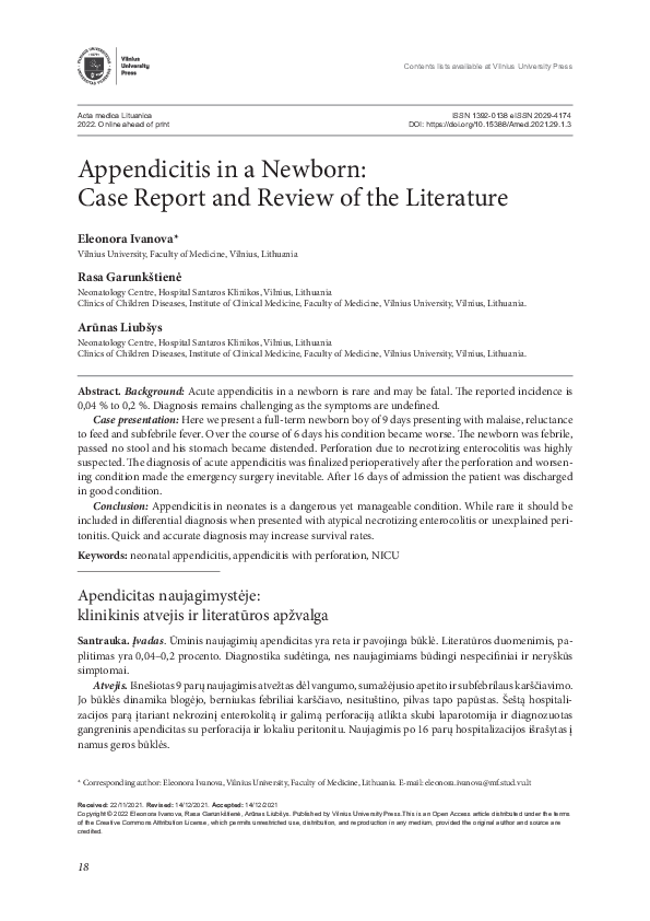 (PDF) Appendicitis in a Newborn: Case Report and Review of the Literature