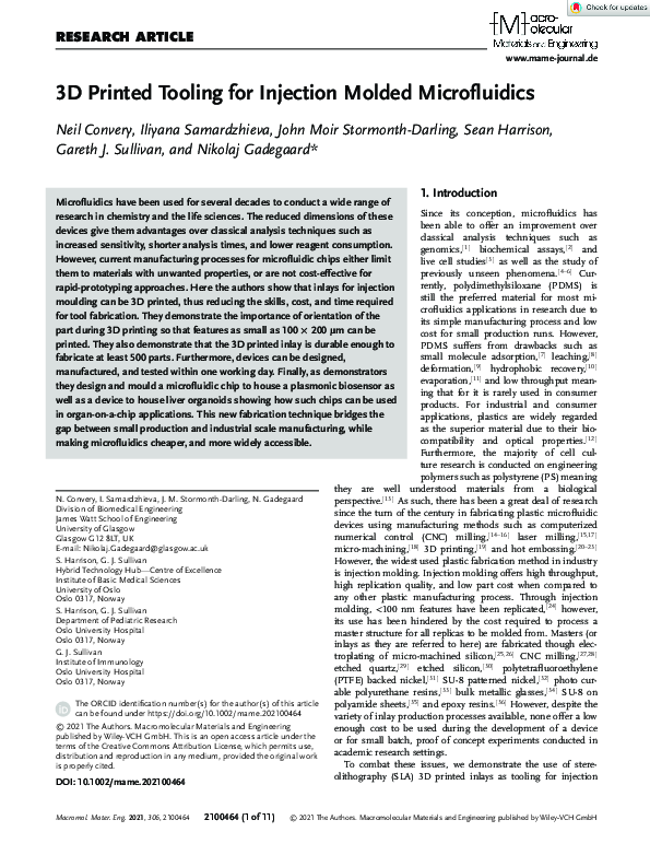 (PDF) 3D Printed Tooling for Injection Molded Microfluidics | gareth sullivan - Academia.edu