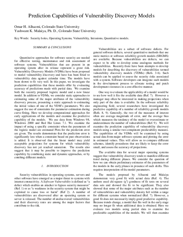 (PDF) Prediction capabilities of vulnerability discovery models | Yashwant Malaiya - Academia.edu