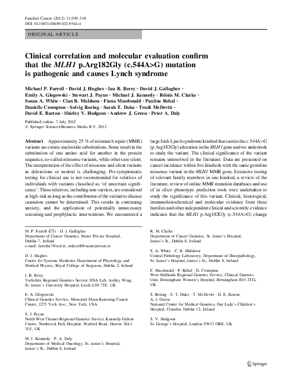 (PDF) Clinical correlation and molecular evaluation confirm that the MLH1 p.Arg182Gly (c.544A>G ...