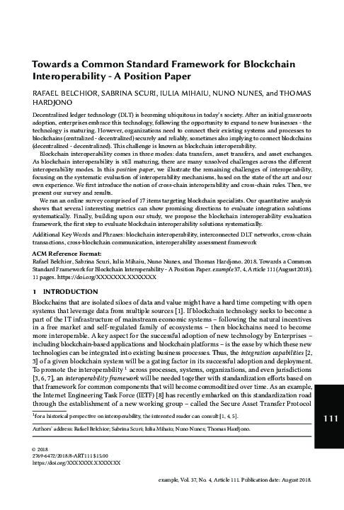 (PDF) Towards a Common Standard Framework for Blockchain Interoperability - A Position Paper
