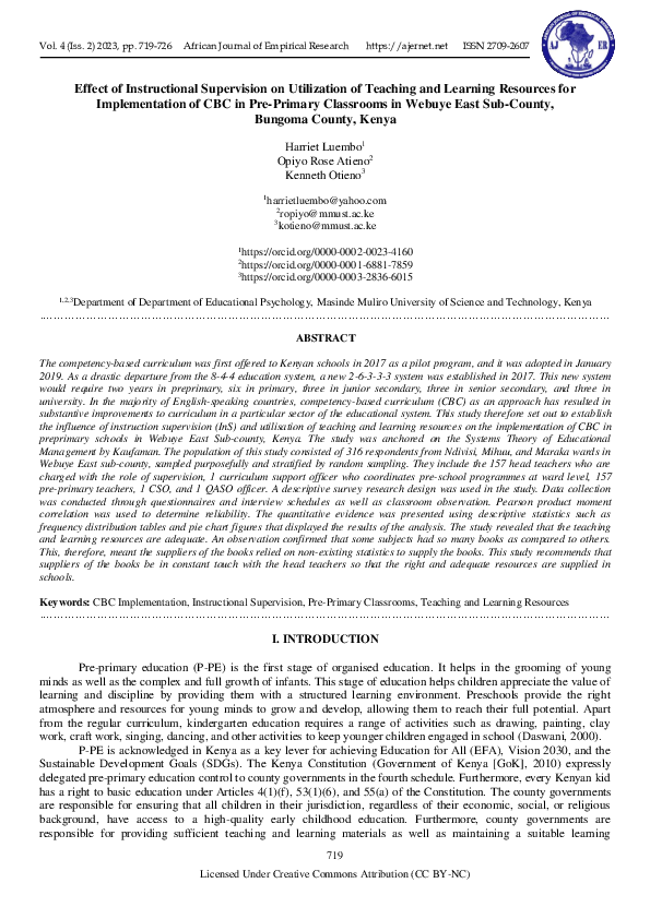 (PDF) Effect of Instructional Supervision on Utilization of Teaching and Learning Resources for ...