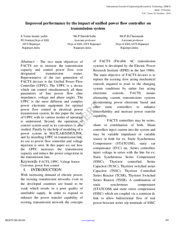 Pdf Improved Performance By The Impact Of Unified Power Flow Controller On Transmission System