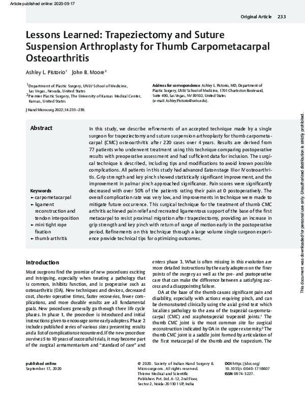 (PDF) Lessons Learned: Trapeziectomy and Suture Suspension Arthroplasty ...
