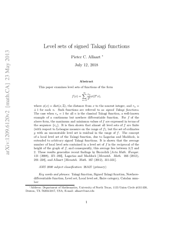 (PDF) Level sets of signed Takagi functions | Pieter Allaart - Academia.edu