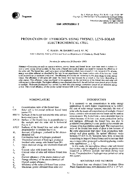 (PDF) Production of hydrogen using fresnel lens-solar electrochemical ...