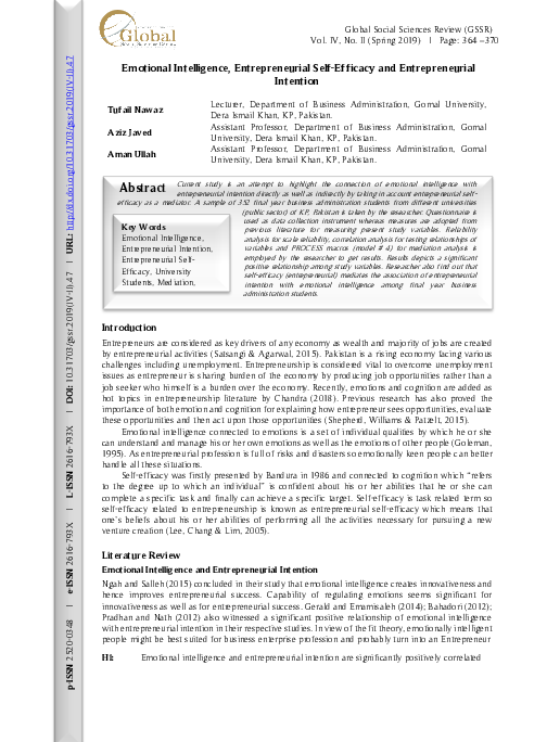 (PDF) Emotional Intelligence, Entrepreneurial Self-Efficacy and ...