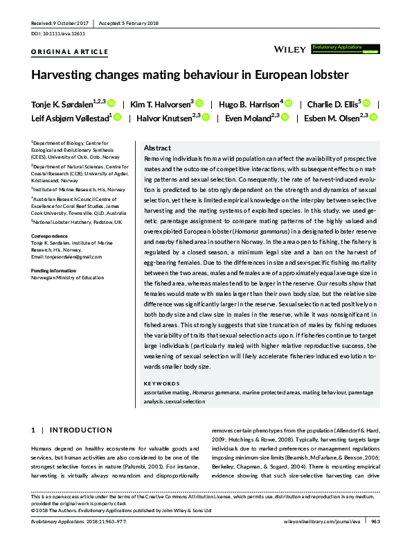 (PDF) Harvesting changes mating behaviour in European lobster