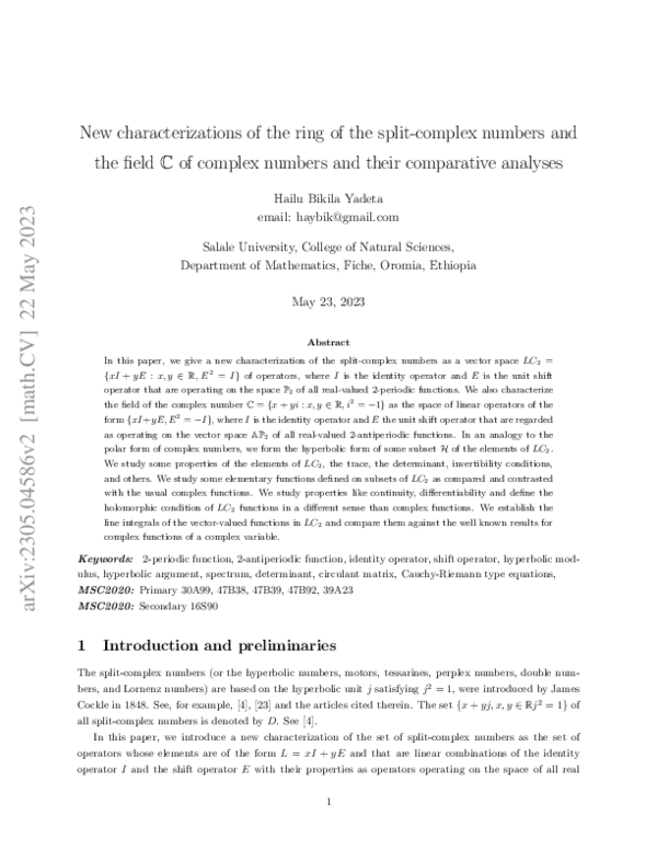 (PDF) New characterizations of the ring of the split-complex numbers ...