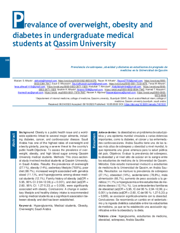 (PDF) Prevalance of overweight, obesity and diabetes in undergraduate ...