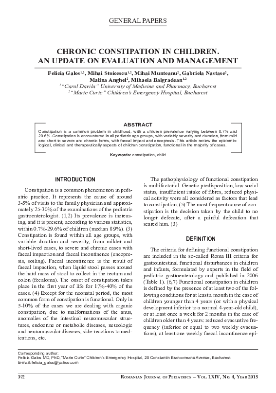 (PDF) Chronic Constipation in Children. An Update on Evaluation and Management