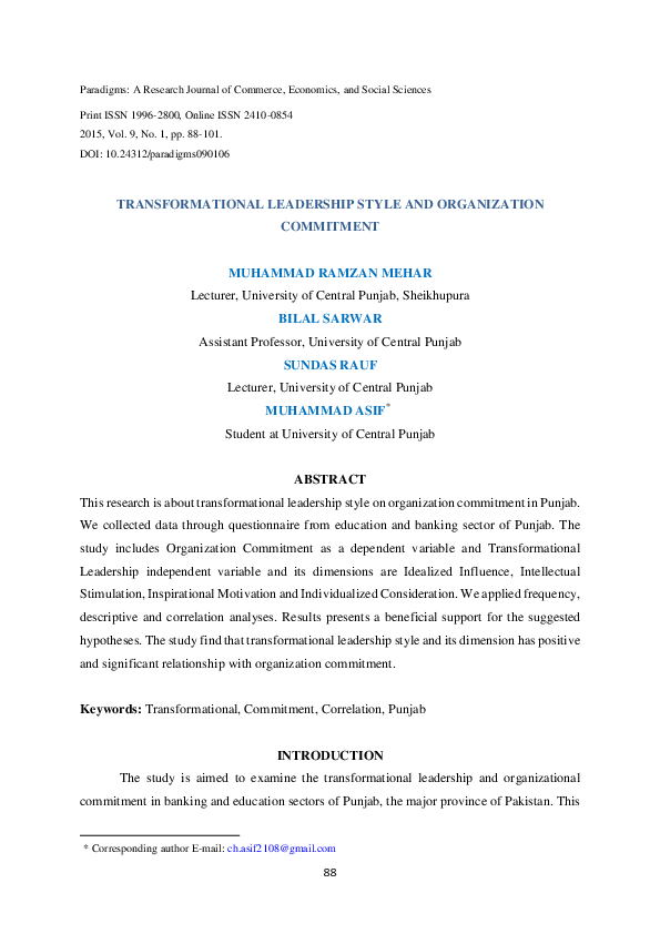 (PDF) Transformational Leadership Style and Organization Commitment