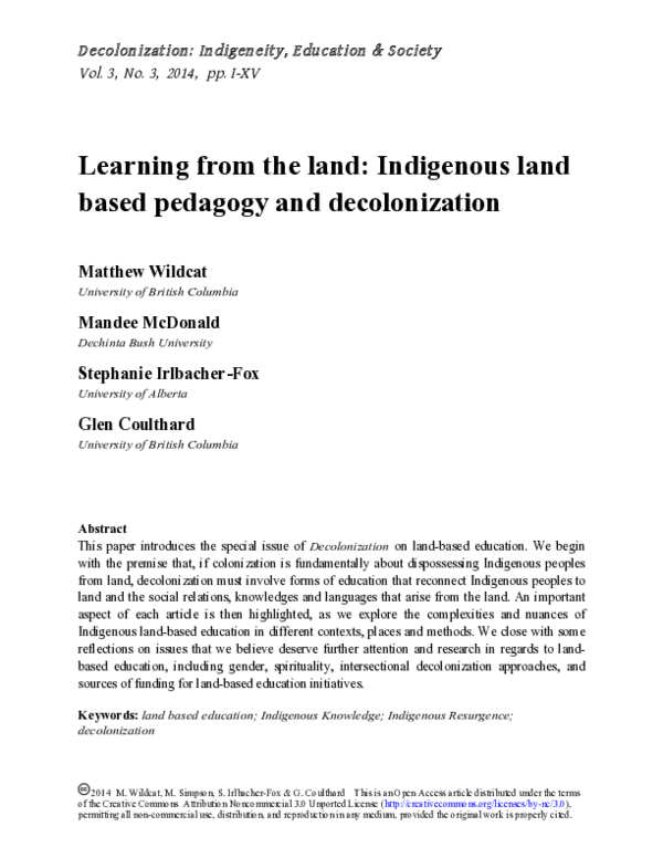 (PDF) Learning from the land: Indigenous land based pedagogy and ...