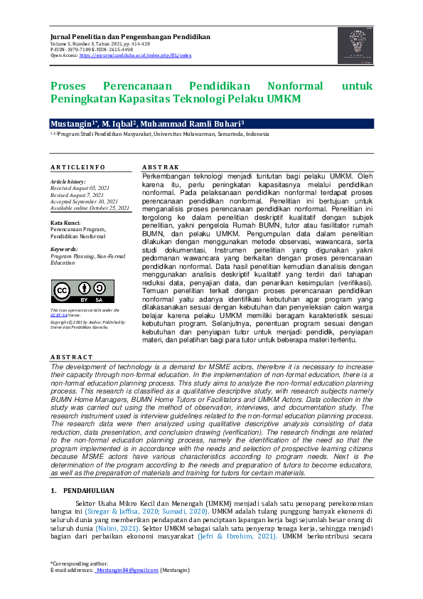 (PDF) Proses Perencanaan Pendidikan Nonformal untuk Peningkatan Kapasitas Teknologi Pelaku UMKM