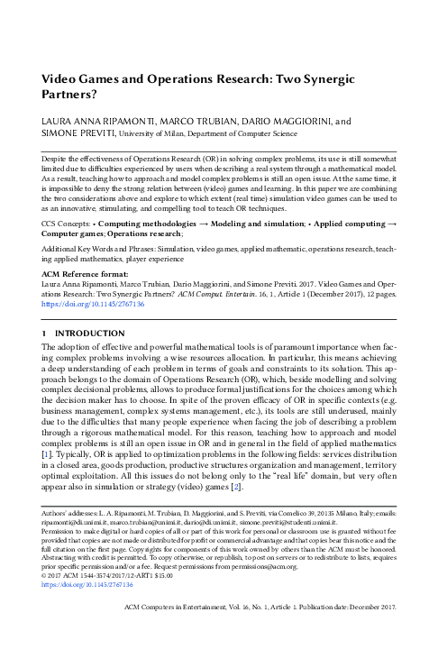 (PDF) Video Games and Operations Research | Marco Trubian - Academia.edu