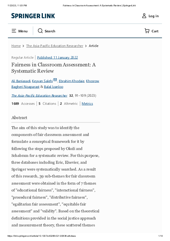 (PDF) Fairness in Classroom Assessment: A Systematic Review