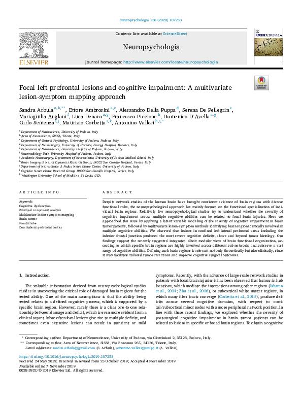 (PDF) Focal left prefrontal lesions and cognitive impairment: A multivariate lesion-symptom ...
