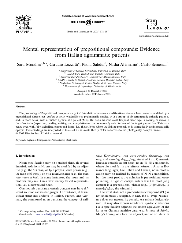 (PDF) Mental representation of prepositional compounds: Evidence from ...
