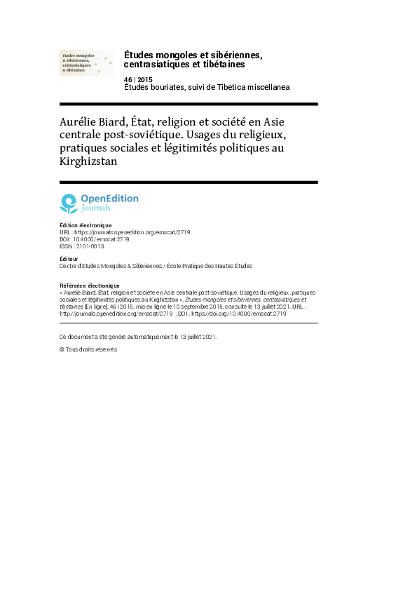 (PDF) Aurélie Biard, État, religion et société en Asie centrale post ...