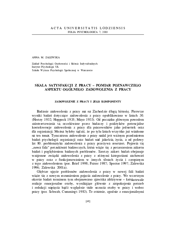 (PDF) Skala Satysfakcji Z Pracy - Pomiar Poznawczego Aspektu Ogolnego Zadowolenia Z Pracy