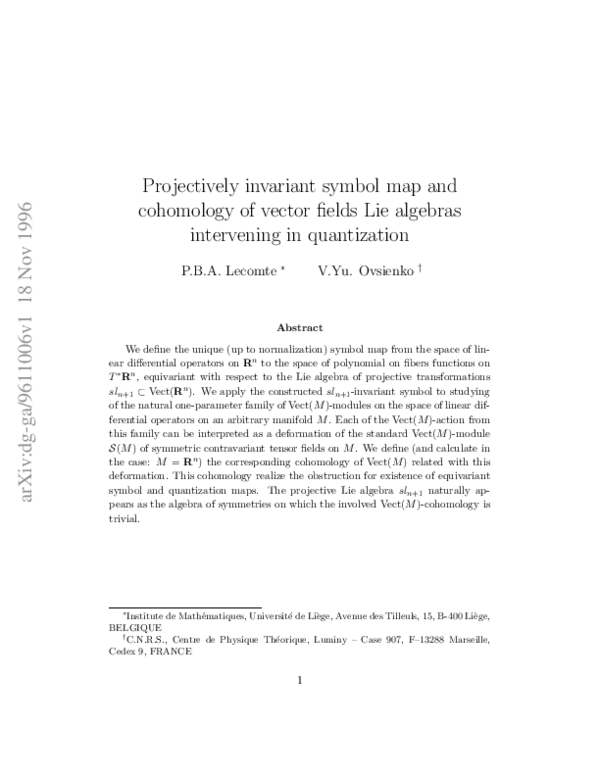 (PDF) Projectively invariant symbol map and cohomology of vector fields Lie algebras intervening ...