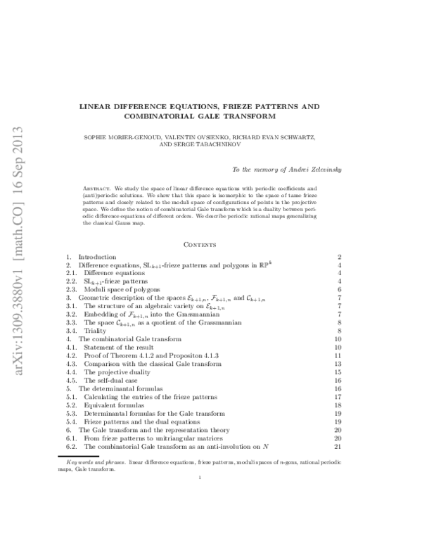 (PDF) Linear difference equations, frieze patterns and combinatorial Gale transform