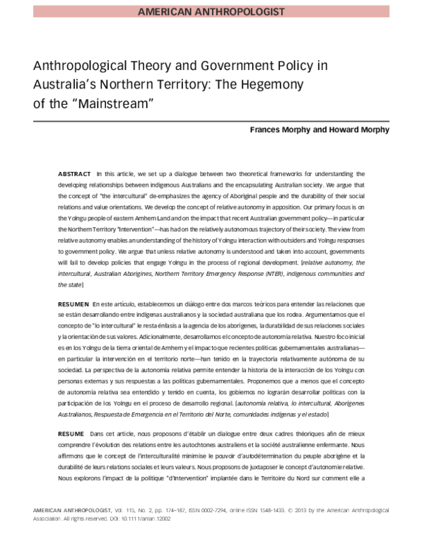 (PDF) Anthropological Theory and Government Policy in Australia's ...