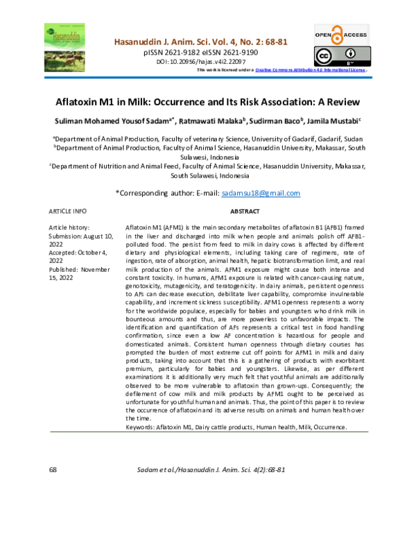 Pdf Aflatoxin M1 In Milk Occurrence And Its Risk Association A Review