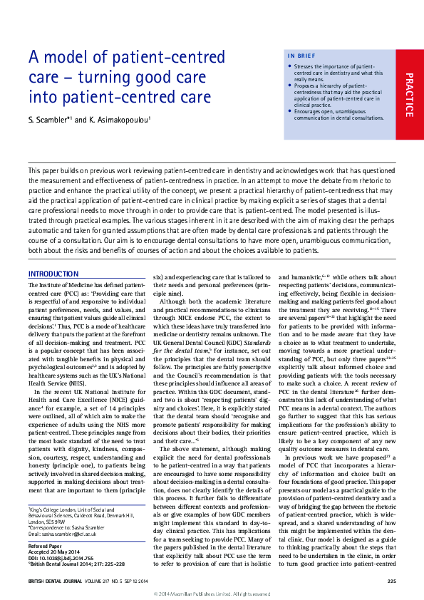 (PDF) A model of patient-centred care – turning good care into patient-centred care