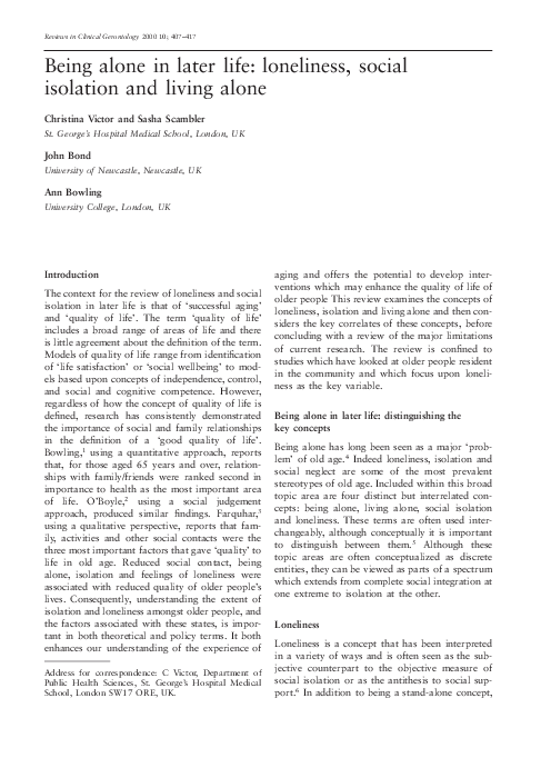 (PDF) Being alone in later life: loneliness, social isolation and ...