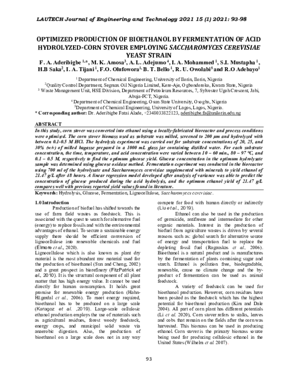 (PDF) Optimized Production of Bioethanol by Fermentation of Acid Hydrolyzed-Corn Stover ...