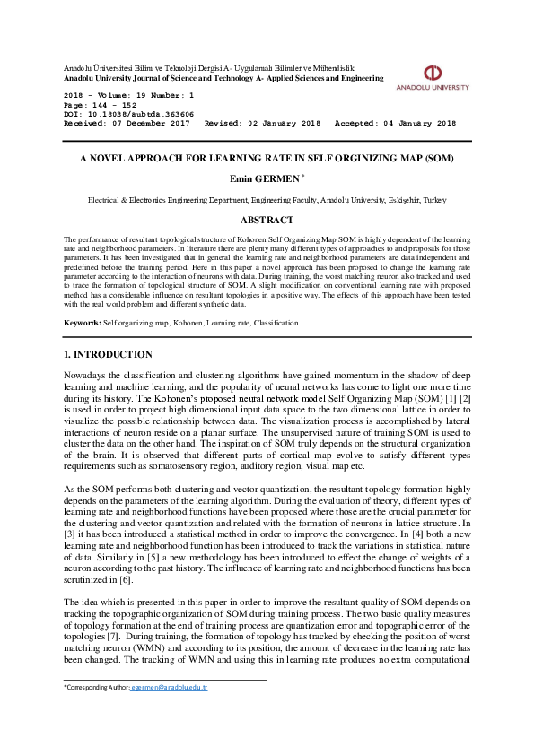 (PDF) A Novel Approach for Learning Rate in Self Orginizing Map (Som)