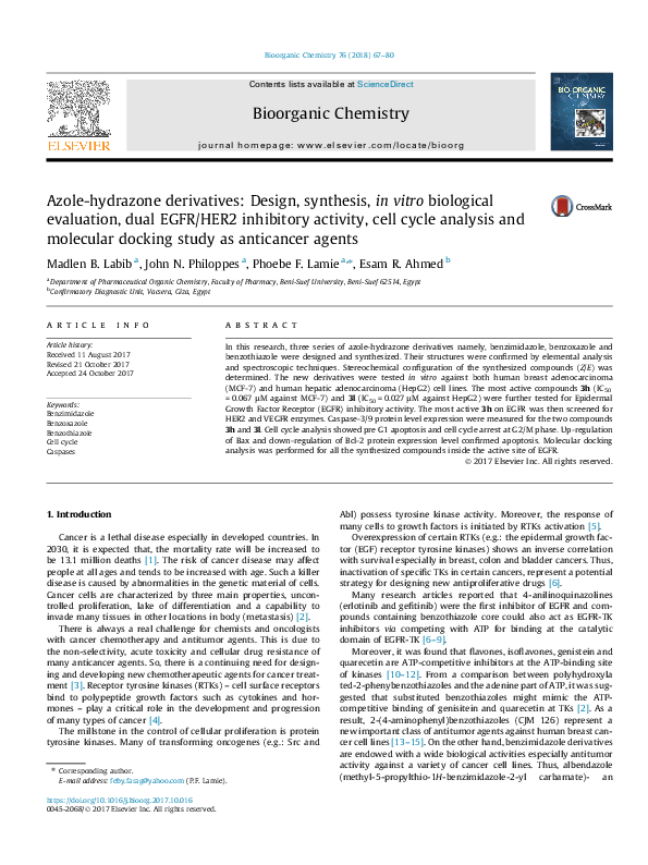 (PDF) Azole-hydrazone derivatives: Design, synthesis, in vitro biological evaluation, dual EGFR ...