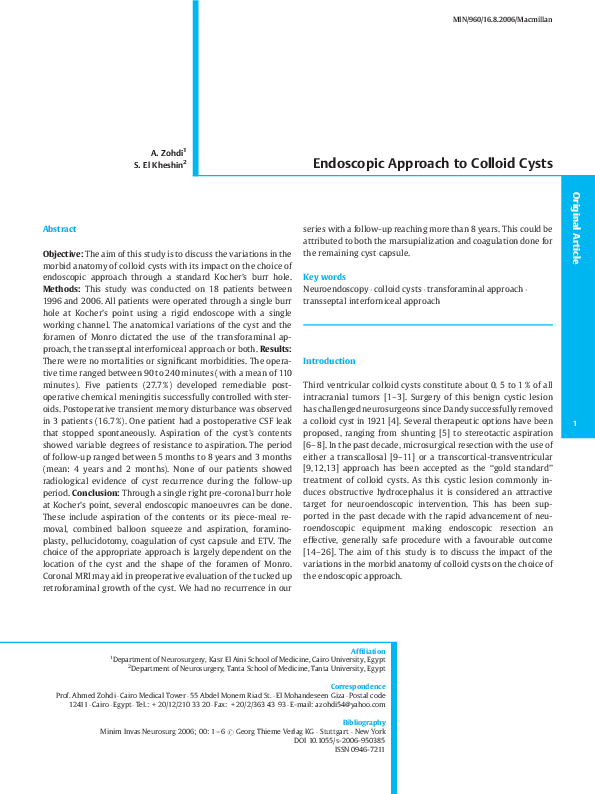 (PDF) Endoscopic Approach to Colloid Cysts