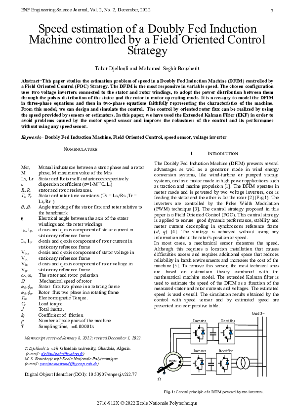 Pdf Speed Estimation Of A Doubly Fed Induction Machine Controlled By A Field Oriented Control