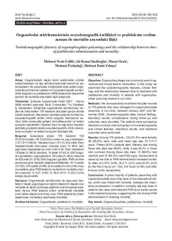 (PDF) Organofosfat zehirlenmelerinin sosyodemografik özellikleri ve ...