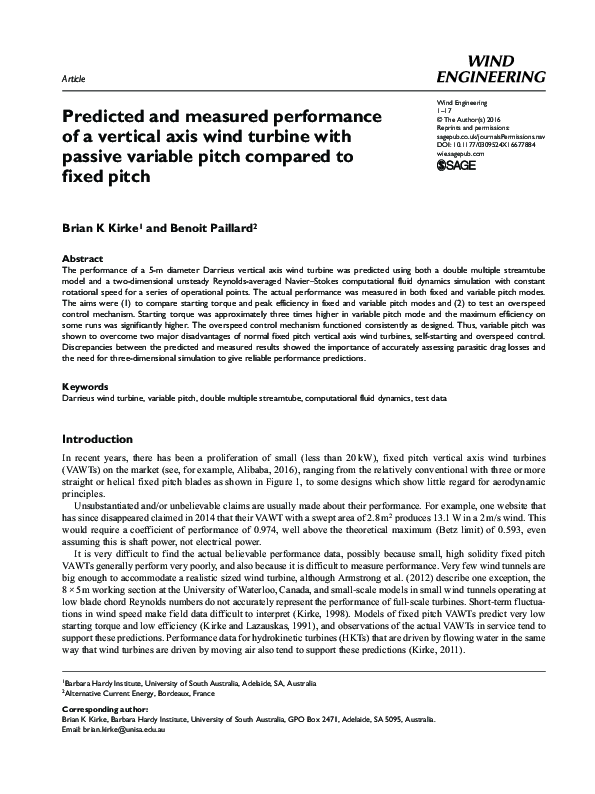 (PDF) Predicted and measured performance of a vertical axis wind ...