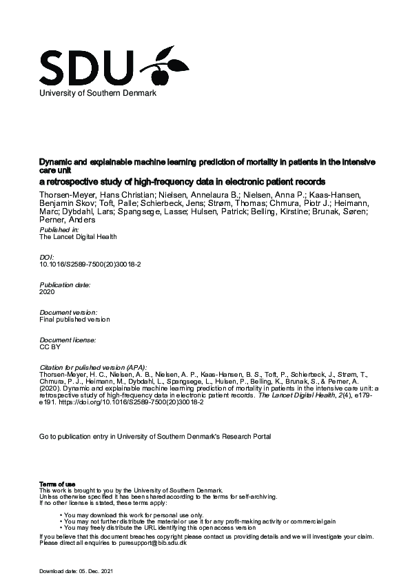 (PDF) Dynamic and explainable machine learning prediction of mortality in patients in the ...