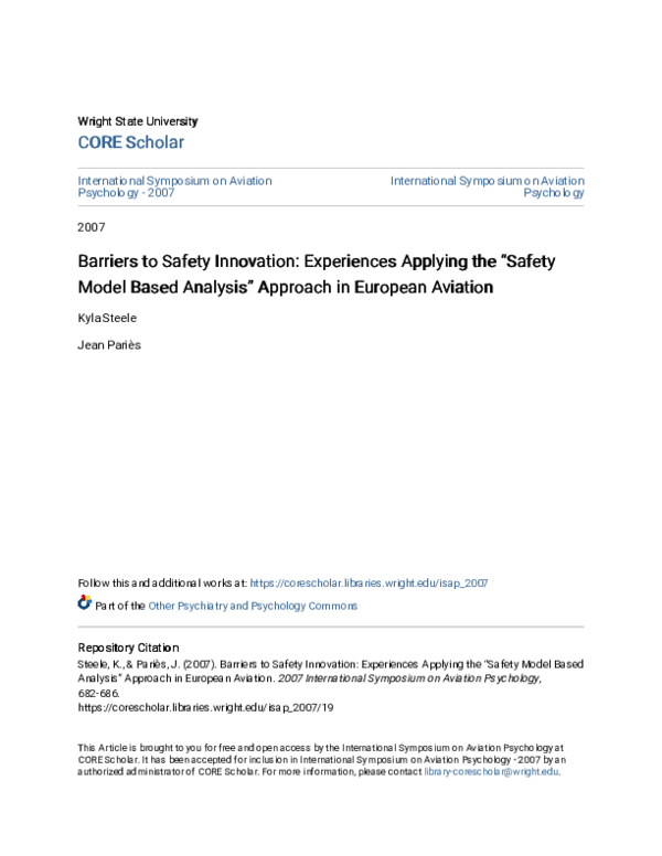 (PDF) Barriers to Safety Innovation: Experiences Applying the “Safety Model Based Analysis ...